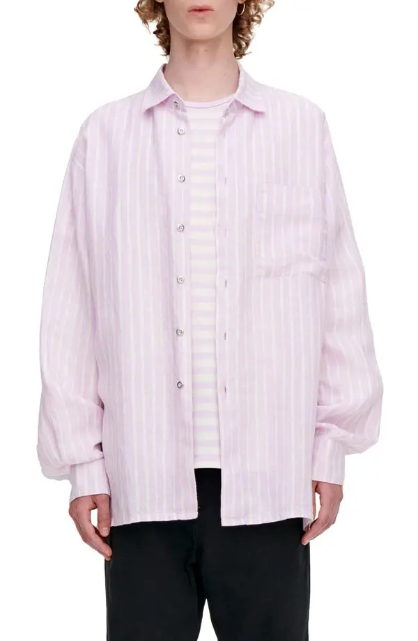 Marimekko Jokapoika Piccolo Stripe Linen Button-Up Top In Lavender